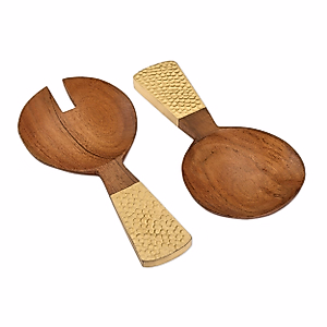 Folkulture Salad Hands or Salad Servers, Set of 2 Salad Claws for cooking, Kitchen Utensils or Serving Spoons, Wooden Salad Tongs 8 X 4 Inch Spoon and Fork Set (Acacia Wood with Hammered Brass)
