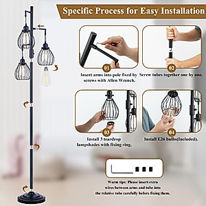 DYLBRIHOM 68.5” Dimmable Floor Lamp, Industrial Farmhouse Floor Lamps with Elegant Teardrop Cages, Rustic Floor Lamps Black Tall Vintage Pole Lamps for Living Room Bedroom Office, 3 LED Bulbs Included