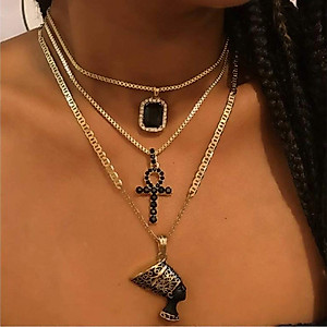 Ckecharfa Boho Africa Layered Necklaces Gold Gothic Nefertiti Egyptian Queen Pendant Necklace Gemstone Choker Necklaces Rave Party Adjustable Neck Chain Jewelry for Women