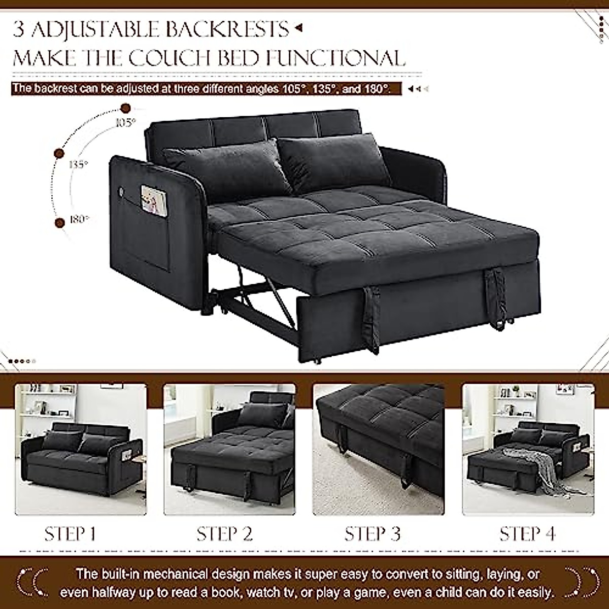 Velvet Pull Out Sleeper Sofa Bed with USB Ports, Convertible Futon Couch with Adjustable Backrest, 3 in 1 Modern Loveseat with 2 Pockets and Pillows, Small Love Seat for Living Room, Office, Black