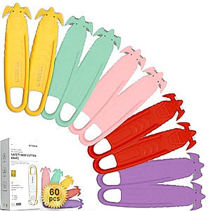 60-Pack Safety Box Cutter Knife of Recessed Concealed Stainless Steel Blade, Package Opener Plastic Cutter for Box, Carton, Shrink Wrap, Plastic Straps, 5colors