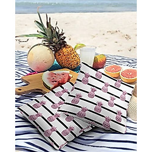 Outdoor Waterproof Throw Pillow Covers Pink Pineapple Lumbar Pillowcases Black Stripe Decorative Outdoor Pillows Cushion Case Patio Pillows for Sofa Couch Bed Garden 18 x 18 Inches