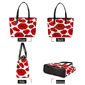 Poppy Women's Soft Faux Leather Tote Shoulder Bag Red poppies Big Capacity Handbag for Work School Travel Dating