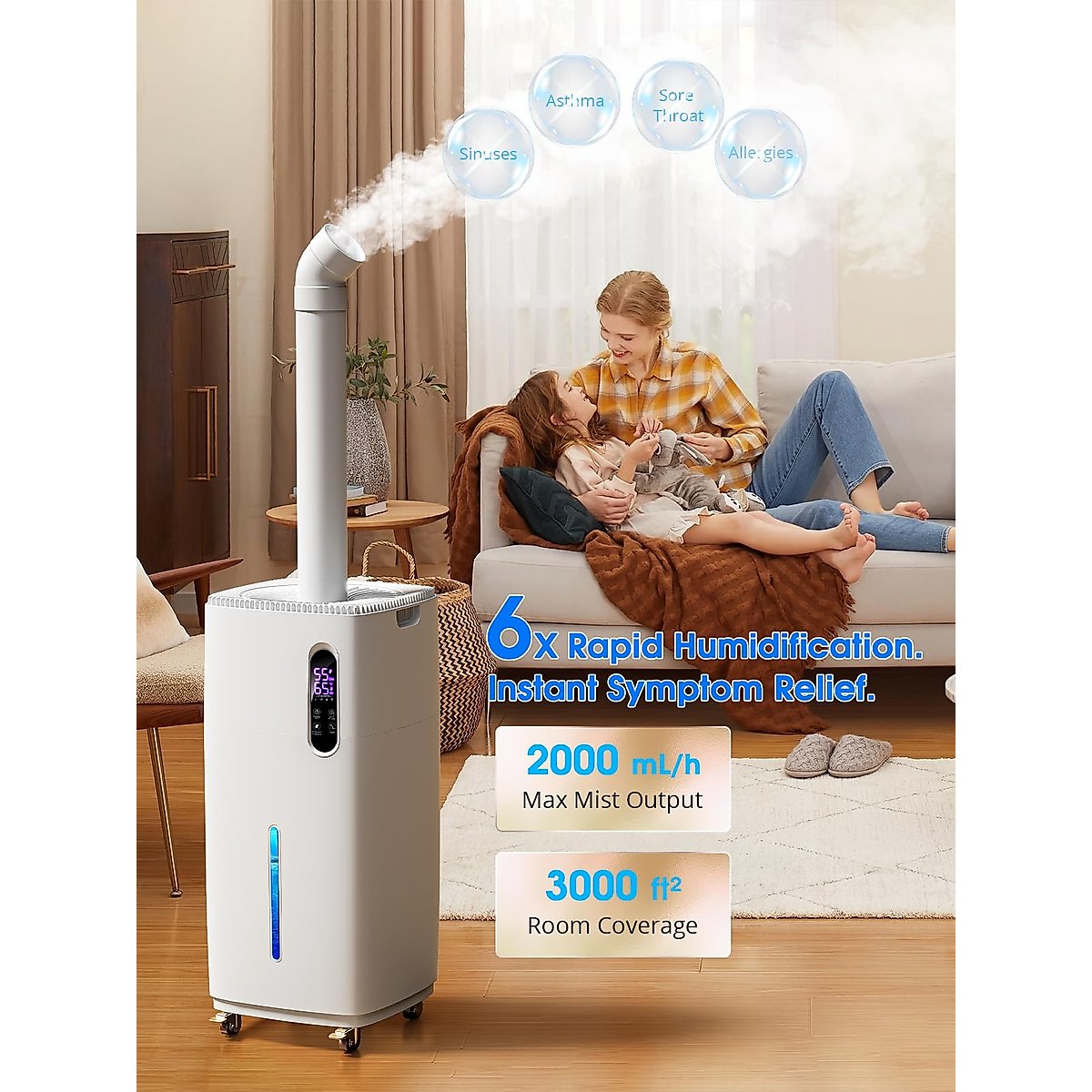 Petsaint 26L/5.7Gal Humidifier for Large Room Up to 3000 ft², 6-core atomization, 2000 mL/h Mist Output, Remote Control and 6 Mist Level, Ultrasonic Cool Mist Humidifiers for Bedroom Whole House