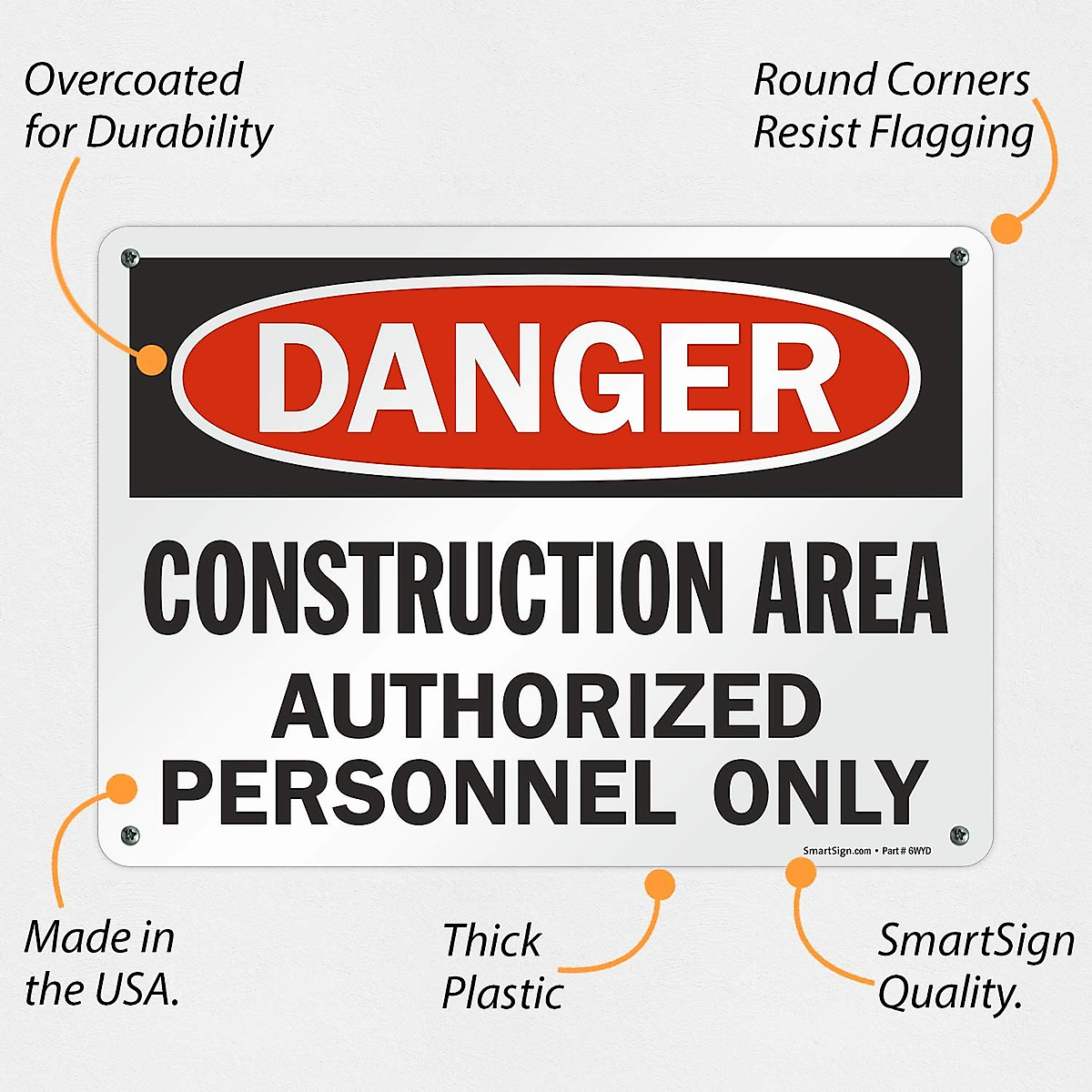 SmartSign - U9-1369-NP_10x14 "Danger - Construction Area, Authorized Personnel Only" Sign | 10" x 14" Plastic Black/Red on White