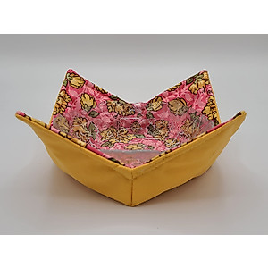 Yellow Flowers on Pink Microwave Cozy Yellow Dahlia Reversible Soup Bowl Buddy Microwaveable Potholder Floral Handmade Housewarming Hostess Mothers Day Gifts Under 10