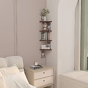 Vasemouh Corner Floating Shelf with Unique Bear Iron Decor, 4 Tier Wall Mount Wood Rustic Shelves for Bathroom, Living Room, Bedroom, Nursery, Office