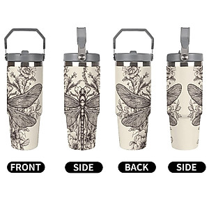30oz Stainless Steel Insulated Tumbler with Flip Lid & Straw, Leakproof Travel Mug for Car, Hand Drawn Floral Dragonfly Double Wall Vacuum Thermal Coffee Cup with Handle, Spill-Proof Design for Hot/Co