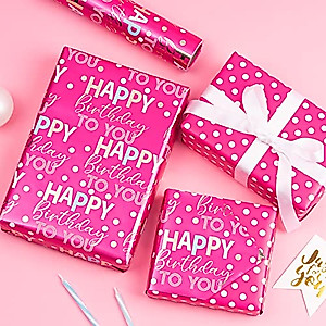 MAYPLUSS Reversible Birthday Wrapping Paper Roll - Mini Roll - 17.3 Inch X 32.8 Feet - Rose Red Birthday Text with Glitter Metallic Foil Design (47.3 sq.ft.ttl)