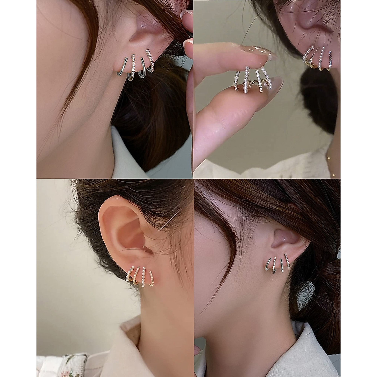 Tornito 4 Pairs Claw Ear Cuffs Zircon Pierced Needle Stud Earrings Minimalist Ear Wrap Butterfly Pearl Piercing Claw Earrings for Women Silver Tone