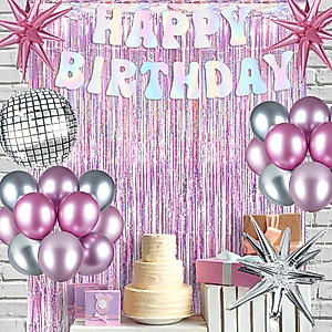 Iridescent Party Decorations Set Pink Disco Holographic Birthday Party Decors Shiny Foil Fringe Curtain Iridescent Banner Balloons for Engagement Wedding Bachelorette Bridal Shower Girl Party Supplies