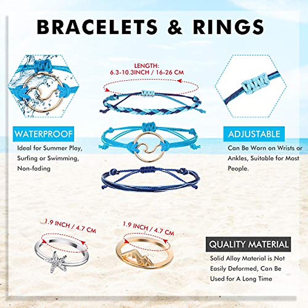Hicarer 31 Pieces Surfer Strand Wave Bracelet Adjustable Waterproof Handmade Friendship Wax Wrap Bracelet Anklet Sunflower Braided Beach Bracelet for Teen Girl 19 Star Moon Knuckle Ring (Chic Style)