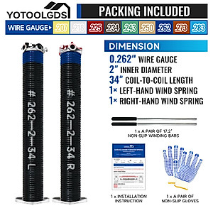 YoToolGDS Pair of 2" Garage Door Torsion Springs Set with Non-Slip Winding Bars & Gloves, High Precision Electrophoresis Oil-Free Black Coated for Replacement, MIN 16,000 Cycles (0.262 x 2" x 34'')
