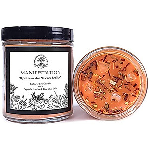 Manifestation Affirmation Candle | 9 oz Natural Soy Wax & Citrine Crystals, Herbs & Essential Oils | Dreams, Wishes, Law of Attraction Rituals | Wiccan, Pagan Metaphysical, Spirituality