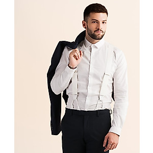 White Suspenders Genuine Leather Clip Suspenders (Button/Clip-on Wide)