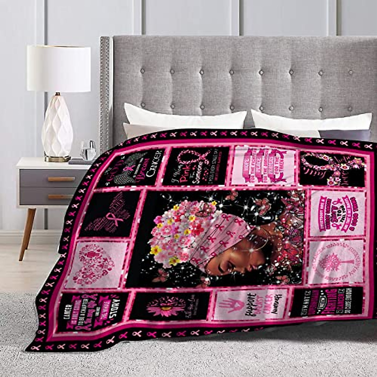 Breast Cancer Awareness Hopes Throw Blanket 50x60inch Black Women Breast Cancer Survivor Gifts for Women Ultra Soft Cozy Lightweight Flannel Blanket for Bed Sofa Living Room