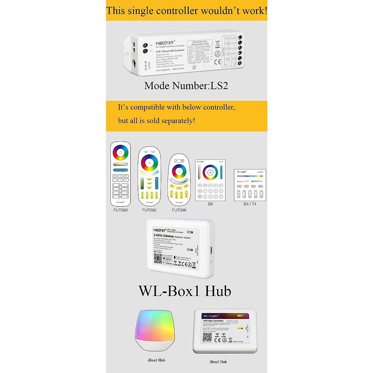 LGIDTECH LS2 LED Strip Lights 5 in 1 Controller,Compatible with Single Color,RGB,RGBW,WW+CW,RGB+CCT LED Strip Lights,Smartphone APP Control via Gateway(Excluded)