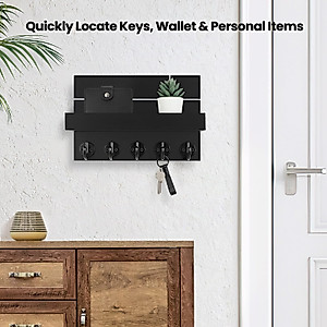 Lwenki Wall Mounted Key Holder - 9.8" x 6.7" x 4.2" Decorative Wall Shelf with Hooks Holds Key Rings, Dog Leash, Wallet, Purse - Real Paulownia Wood Entryway Shelf for Rustic Farmhouse Decor (Black)