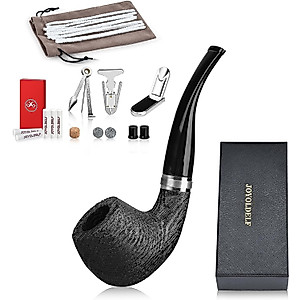 Joyoldelf Smoking Pipe, Bent Wooden Tobacco Pipe with Gift Box, Oak Tobacco Pipes for Smoking with Foldable & Stainless Steel Tobacco Pipe Stand, 9mm Pipe Filter and Smoking Accessories