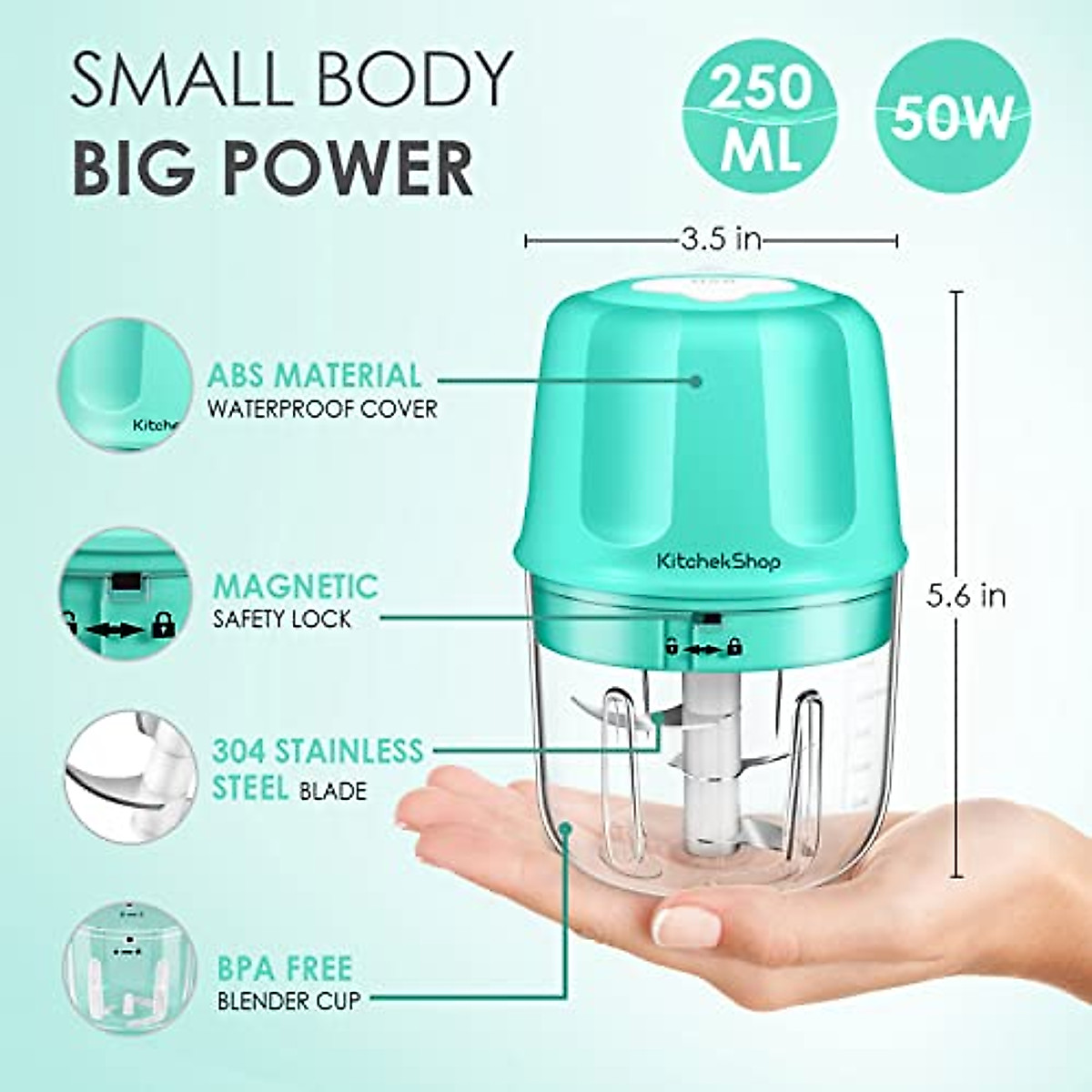 Rechargeable Portable and Cordless Mini Food Processor 250ML with Stainless Steel Blade, Electric Garlic Chopper Vegetable Chopper Blender for Nuts Chili Onion Minced Meat and Spices BPA-Free(Green)