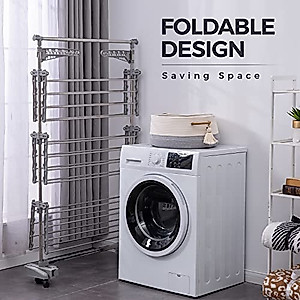 Clothes Drying Rack, 3-Tier Folding Rolling Laundry Drying Rack with Extendable Hanging Rods, Adjustable Wings, Rolling Wheels, Multifunctional Stainless Steel Garment Drying Racks for Indoor Outdoor