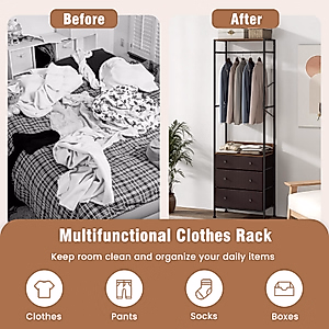 LOKO Clothes Rack with 3 Fabric Drawers, Freestanding Closet Organizer, Clothing Stand Dresser with 3-position Hanging Rod & Storage Shelves, Heavy-duty Garment Rack for Entryway, Bedroom, Cloakroom