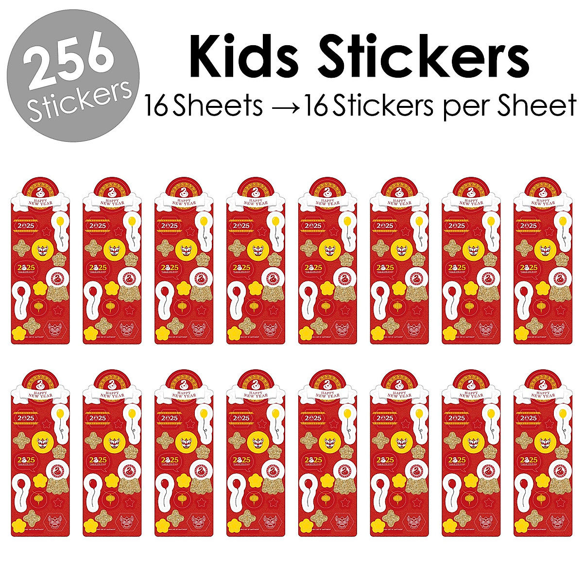 Big Dot of Happiness Chinese New Year - 2025 Year of The Snake Favor Kids Stickers - 16 Sheets - 256 Stickers