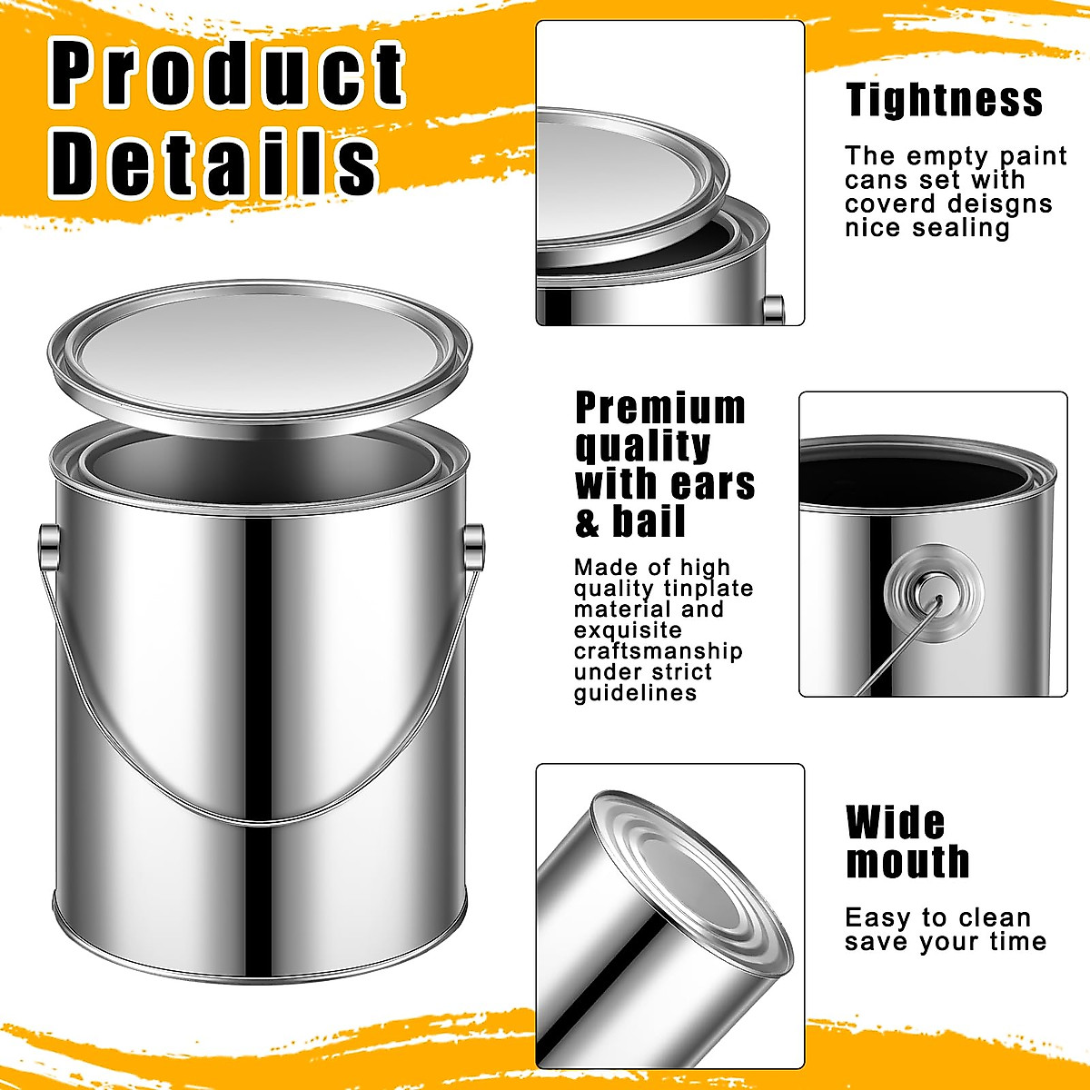 Uiifan 4 Pcs 1 Gallon Empty Paint Cans with Lids Metal Paint Bucket with Handle Paint Containers Paint Pail Tin for Paint Varnish Craft DIY Art Supply Storage (Silver)