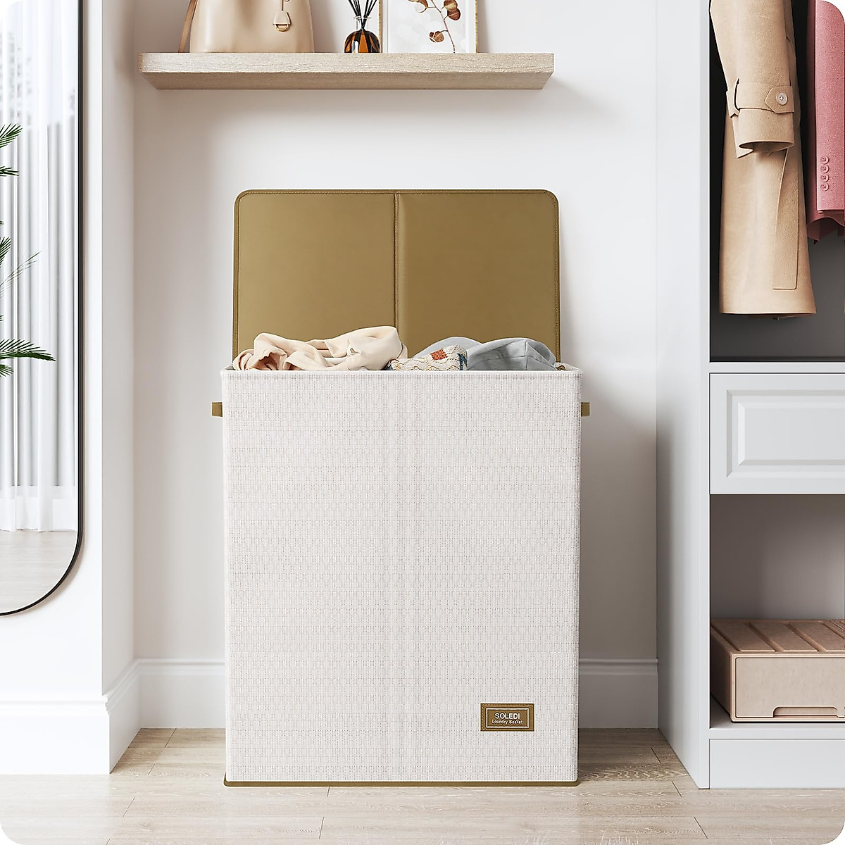 SOLEDI Double Laundry Hamper with Lid 34 Gal (130L) Water-resistant, High-tenacity Material Collapsible Laundry Basket with 2 Removable Liner Bags - Large laundry hamper 2 Section