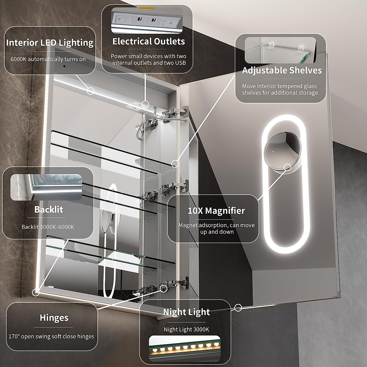 cieloshinerico Smart LED Medicine Cabinet with Mirror, 24W×36H Inch Bathroom Storage Medicine Cabinet, 3 Color Stepless Dimming & Anti-Fog, 10x Magnifier, Night Light, Right Hinge