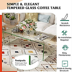 Tangkula Glass Coffee Table, 42.5" L × 20" W ×14" H, Modern Clear Tempered Glass Coffee Table for Living Room, International Occasion Tea Table, Waterfall Table with Rounded Edges (Clear Glass)