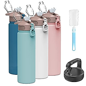 Insulated Water Bottle with Straw 25 oz Stainless Steel Water Bottles BPA-Free Leak Proof Double Wall Vacuum Metal Water Bottle with 2 Lids for Biking Hiking Camping-GREEN