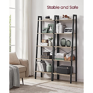 VASAGLE Ladder Shelf, 5-Tier Bookshelf, Storage Rack, Bookcase with Steel Frame, for Living Room Home Office, Kitchen, Bedroom, Industrial Style, Camel Brown + Black