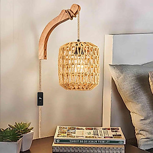 Plug-in Wall Sconces, Hemp Rope Pendant Light, Hand Woven Wall Lamp with Natural Paper String Lampshade, Farmhouse Wall Sconce Wall Mounted Light Boho Hanging Lamp for Bedroom Living Room (2 in1 DIY)