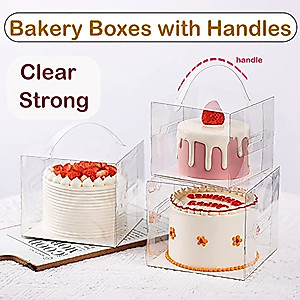DNPHRPY 6X6X6 Inches 20pcs Clear Cake Boxes with Handles & Cake Boards, Bakery Box with Handles for Mother's Day Gifts, Desserts, and Cupcakes, Disposable Bakery Containers, 1 Ribbon & 4 Stickers