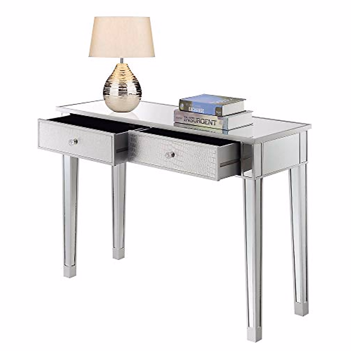 Convenience Concepts Vanity, Gold Coast Desk, Silver Faux Croc/Silver/Mirror