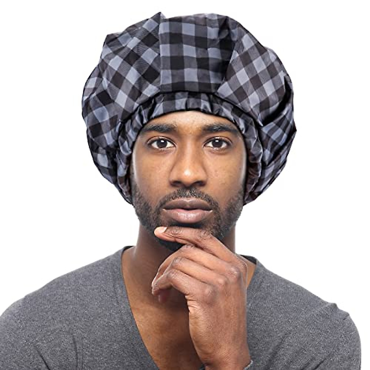 Large Waterproof Shower Cap for Men - Kenllas Reusable Adjustable Bath Cap for Dreadlock Braids Curly Hair (Gray)