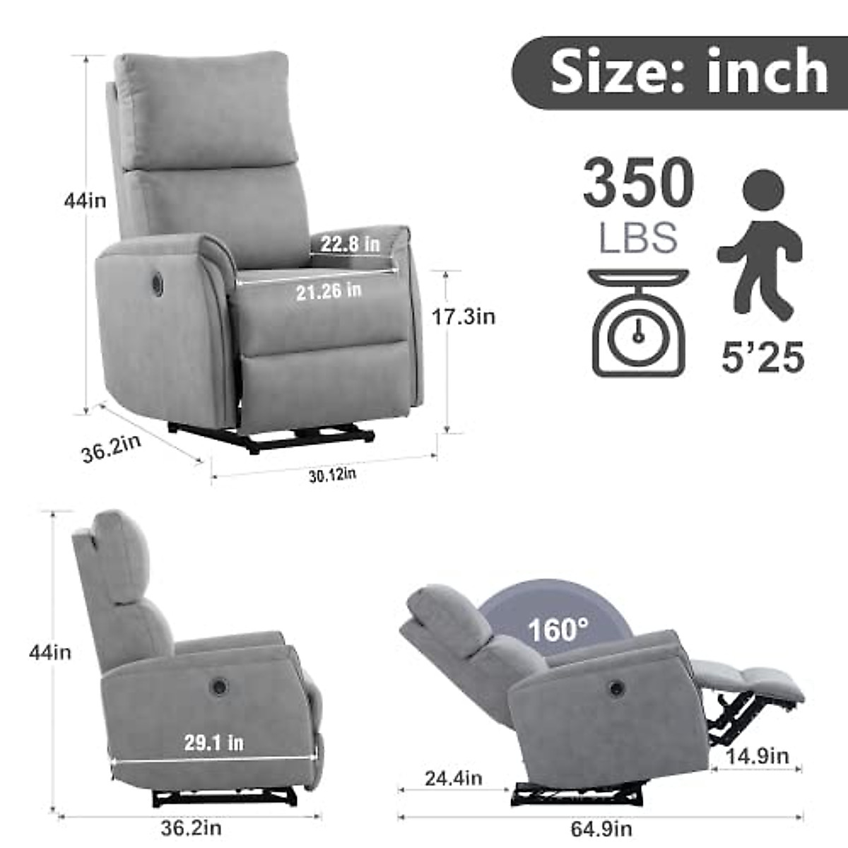 Electric Rocking Recliner Chair Sofa,Upholstered Foam Lounge Single Sofa,Modern Small Rocking Swivel Recliner Chair for Bedroom,Living Room Chair Home Office Theater Seat,Side Pocket (Light Gray)