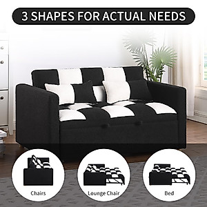 3 in 1 Loveseat Sleeper Sofa- Convertible Sofa Bed,Pull Out Couch with Adjustable Backrest,Multi-Functiona Lounge Chair with Teddy Fabric for Living Room,Small Space (Black White)