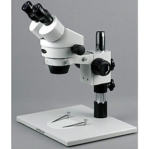 AmScope SM-1B Professional Binocular Stereo Zoom Microscope, WH10x Eyepieces, 7X-45X Magnification, 0.7X-4.5X Zoom Objective, Ambient Lighting, Large Table Pillar Stand