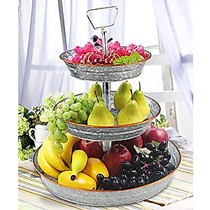 HOME-X Galvanized 3-Tier Stand, Rustic Home Decor, Farmhouse Kitchen Tray, Metal Fruit Stand and Dessert Stand, Tier Party Serving Tray, 17" D x 19 ½” H, Silver
