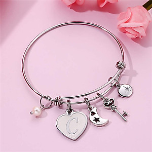 Initial Bangle Bracelets For Women - Heart Charm Engraved Letter C Initial Bracelet Stainless Steel Charms Expandable Wire Bracelets Birthday Jewelry Gifts for Women Teen Girls Girls Teenager