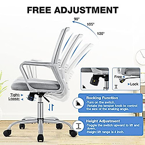 Office Chair - Ergonomic Office Chair Mid Back Office Desk Chair with Wheels Computer Chair with Lumbar Support Home Office Chair with Armrests for Adults, Grey