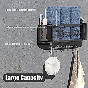 Roylvan Towel Rack for Bathroom, Wall Mount Towel Holder with Detachable Hooks and Side Pocket, No Drilling/Drilling, Rustproof Stainless Steel Shower Caddy Holder for Bathroom Storage Organizer,Black