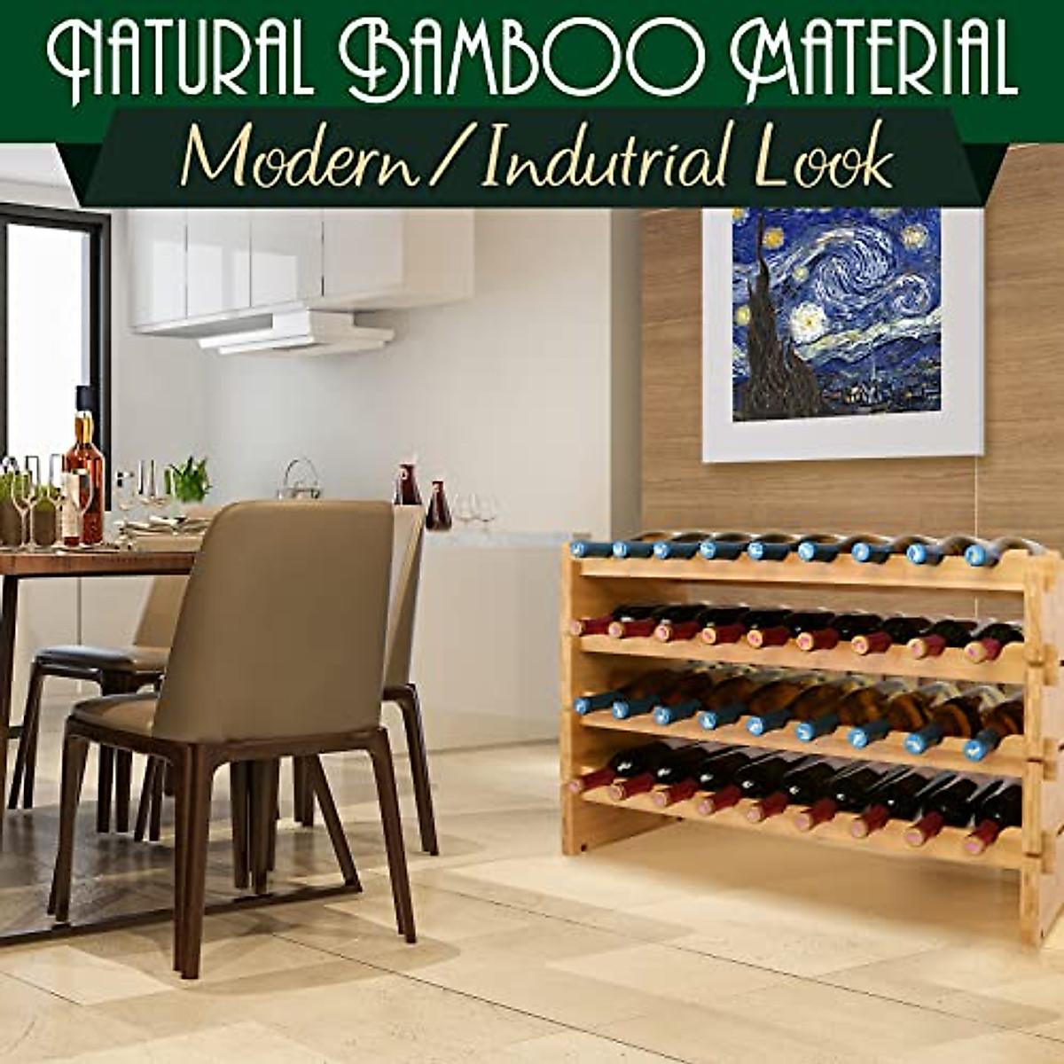 SereneLife 36 Bottle Stackable Wine Rack, 33.5” x 10” x 21” 4-Tier Large Floor Freestanding Modular Wine Bottle Storage Display Shelf Natural Bamboo Wood Construction for Kitchen and Cellar