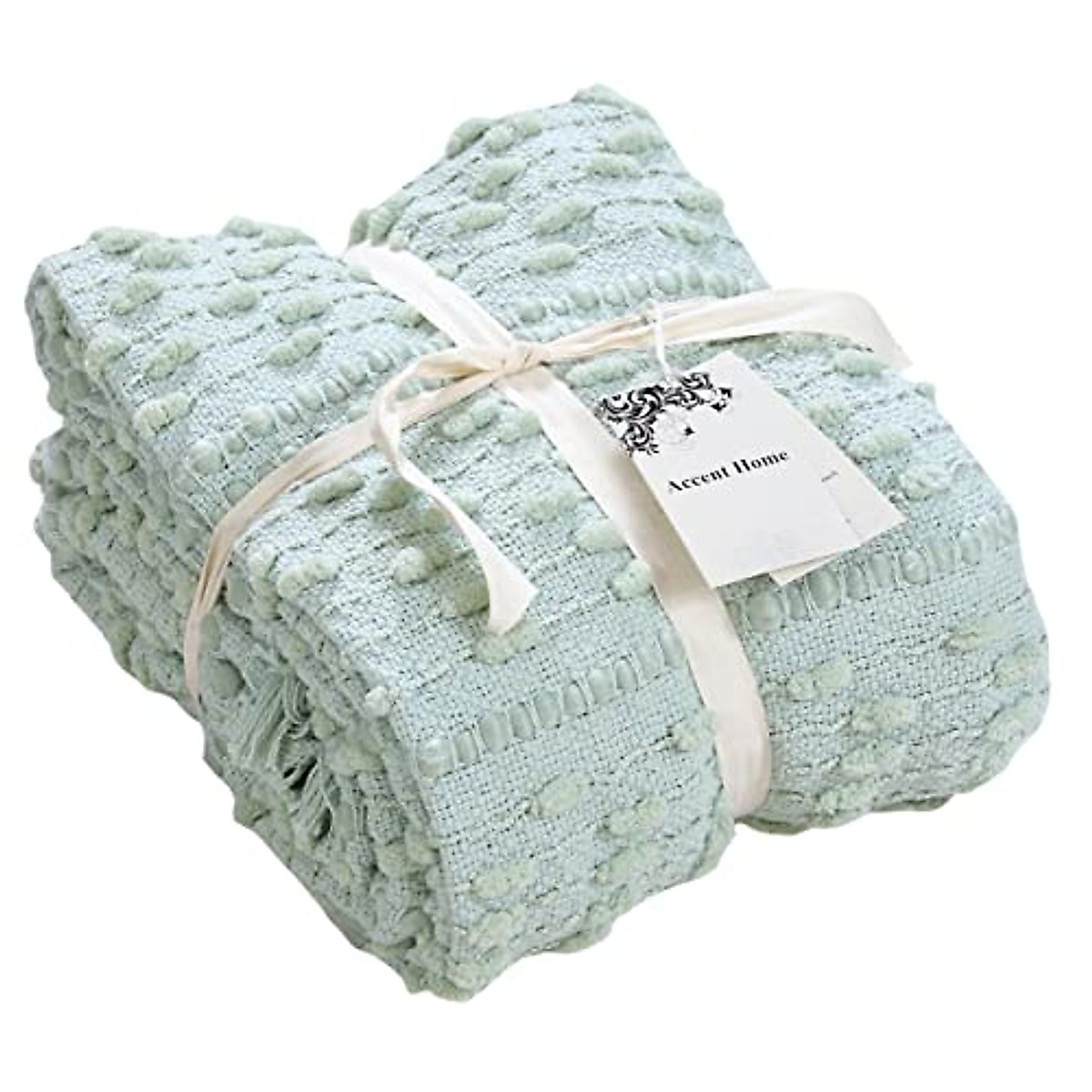 ACCENTHOME Cotton Throw Blanket with Tufted Decorative Design | 50''X60'' Cozy Chenille Knit Lightweight Boho Chic Blankets | Sage Soft Fringe Tassel Blankets for Couch, Bedroom, Living Room Sofa