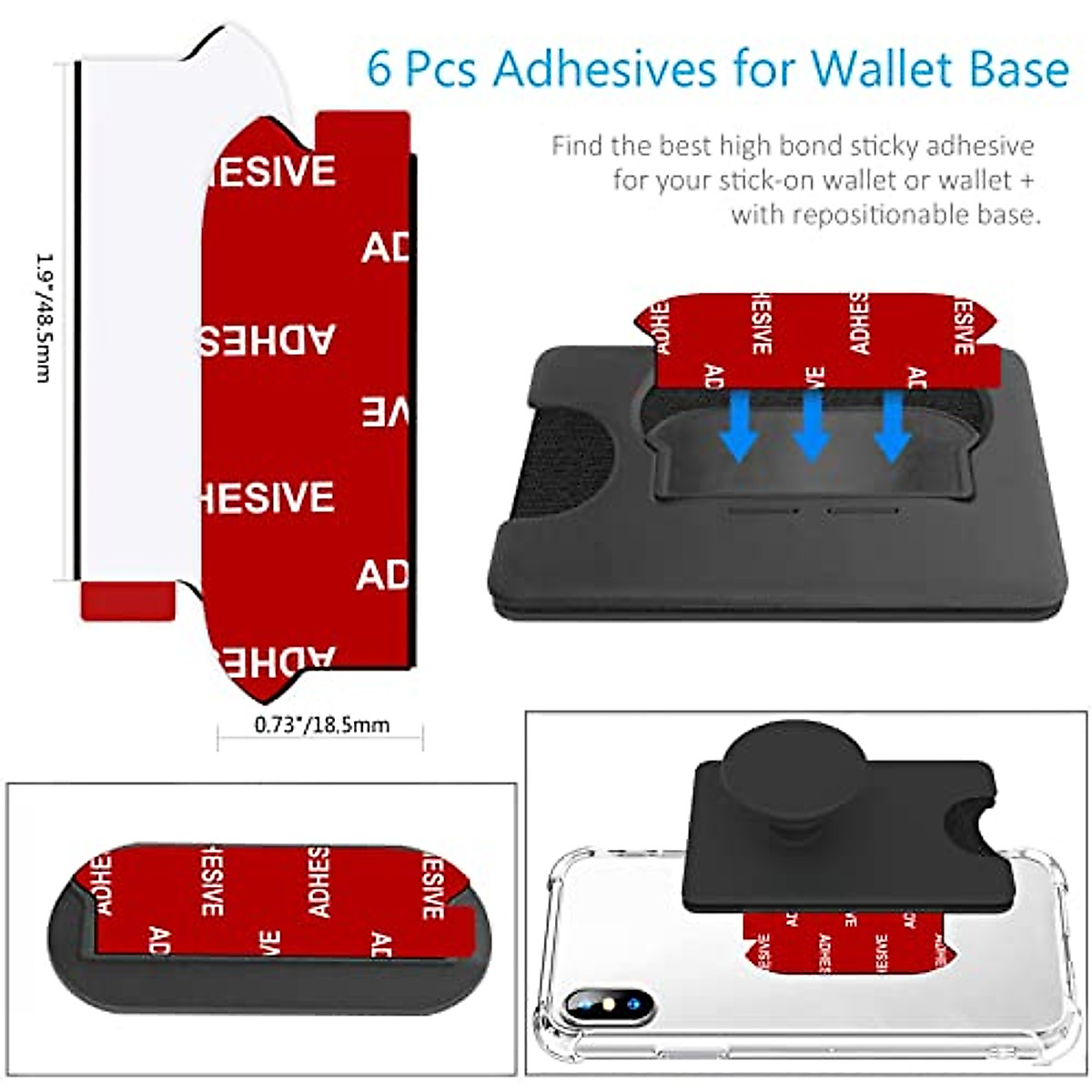Sticky Adhesive Replacement for Socket Wallet Plus Base, PKYAA 6Pcs Double Sided Sticker Pads for Cell Phone Wallet+ Case Back, Removable Sticky Tape for All Cellphone with Sockets Wallet+