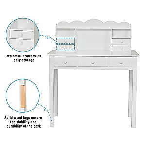 ADORNEVE Writing Desk with 7 Drawers, Home Office Desk with Hutch,Student Desk Study Table, Small White Desk, Solid Pine Wood Legs