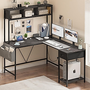 Yoobure L Shaped Desk Gaming Desk with LED Strip & Power Outlet, Reversible L-Shaped Computer Desk with Storage Shelf & Drawer, Corner Desk with Storage Bag, 2 Person Home Office Desk, Gray