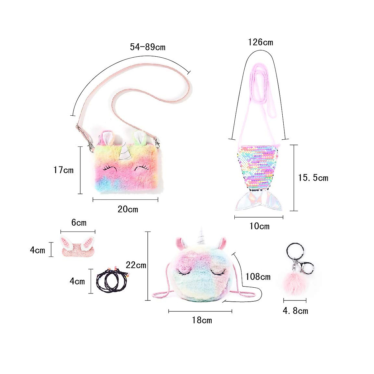 2pcs Little Girl Unicorn Purses Toddler Purses,1pcs Mermaid Bag with Cat Ear Hair Clips/Elastic Hair Ties and Plush keychain